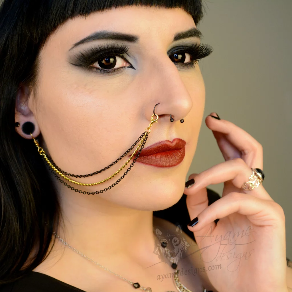 Black & Gold Stainless Steel Nose / Lip To Ear Chain (Triple) - Ayame ...