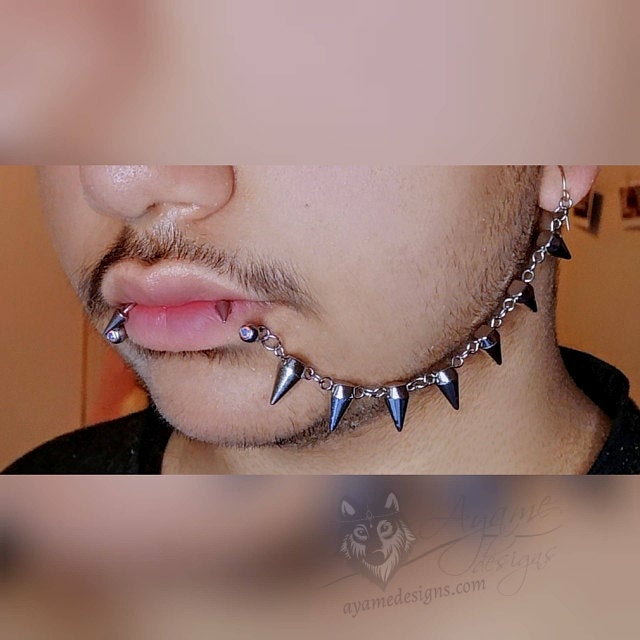 Silver Spiked Stainless Steel Nose / Lip To Ear Chain - Ayame Designs